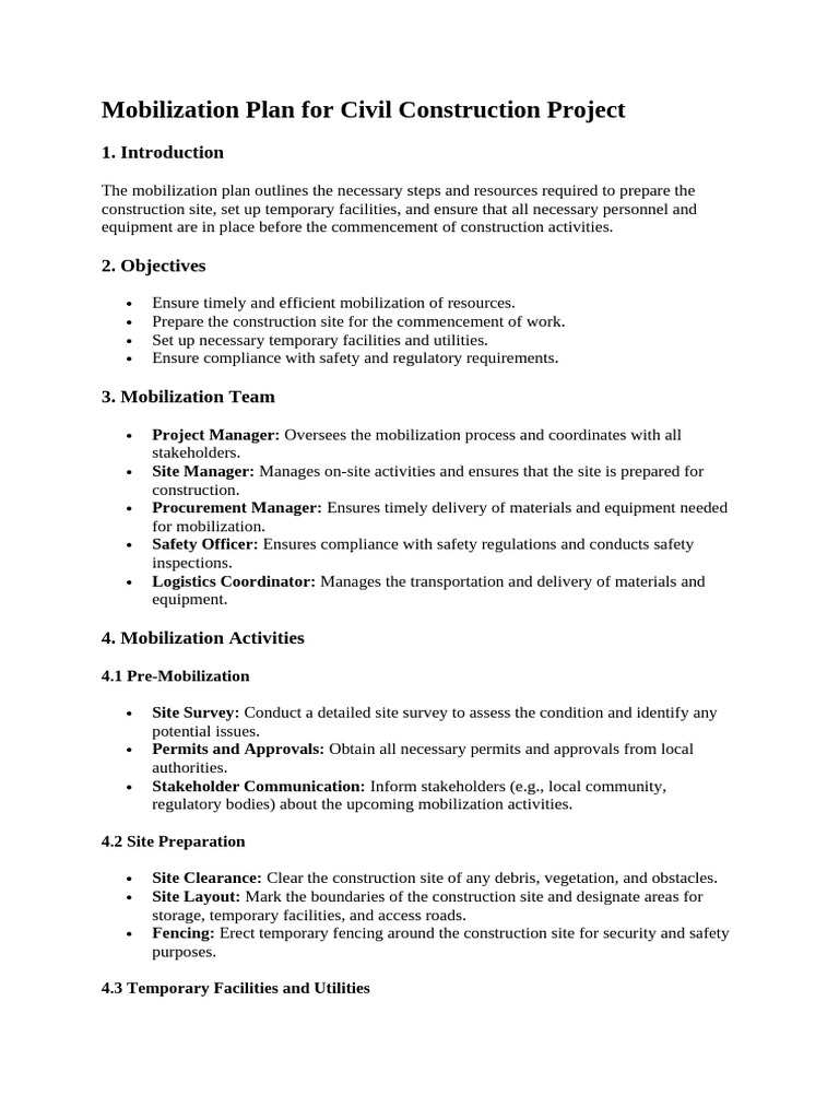 Mobilization Plan For Civil Construction Project | PDF | Risk | Public ...