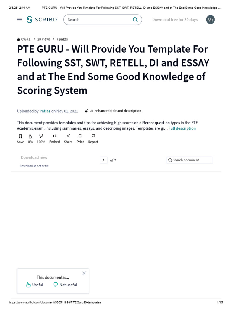 PTE GURU - Will Provide You Template For Following SST, SWT, RETELL, DI and ESSAY and at The End ...