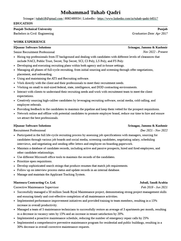 Senior IT Recruiter & Civil Engineer Resume | PDF | Recruitment | Business