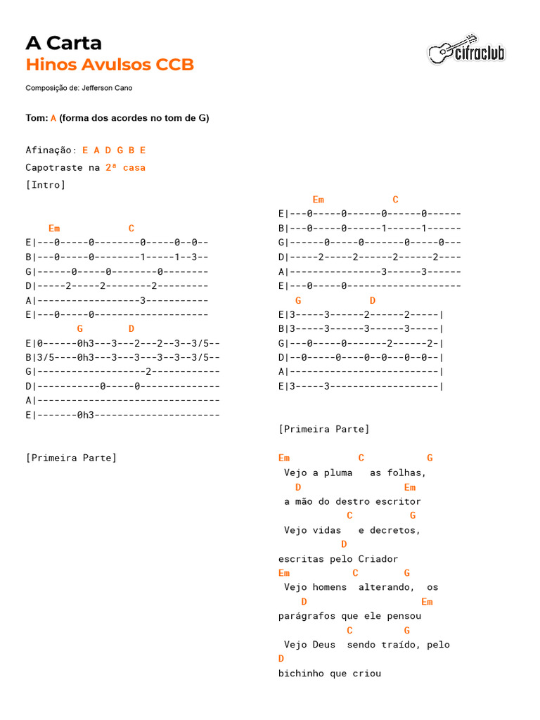 Cifra Club - Hinos Avulsos CCB - A Carta | PDF
