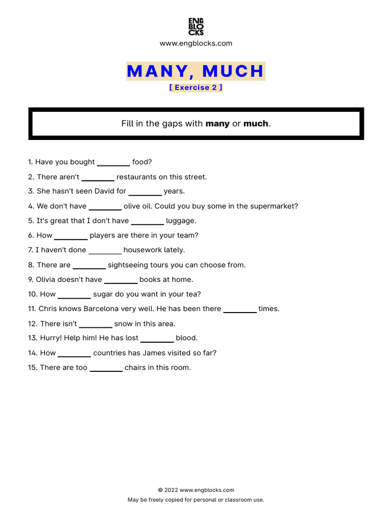 Many vs Much Exercises PDF | PDF