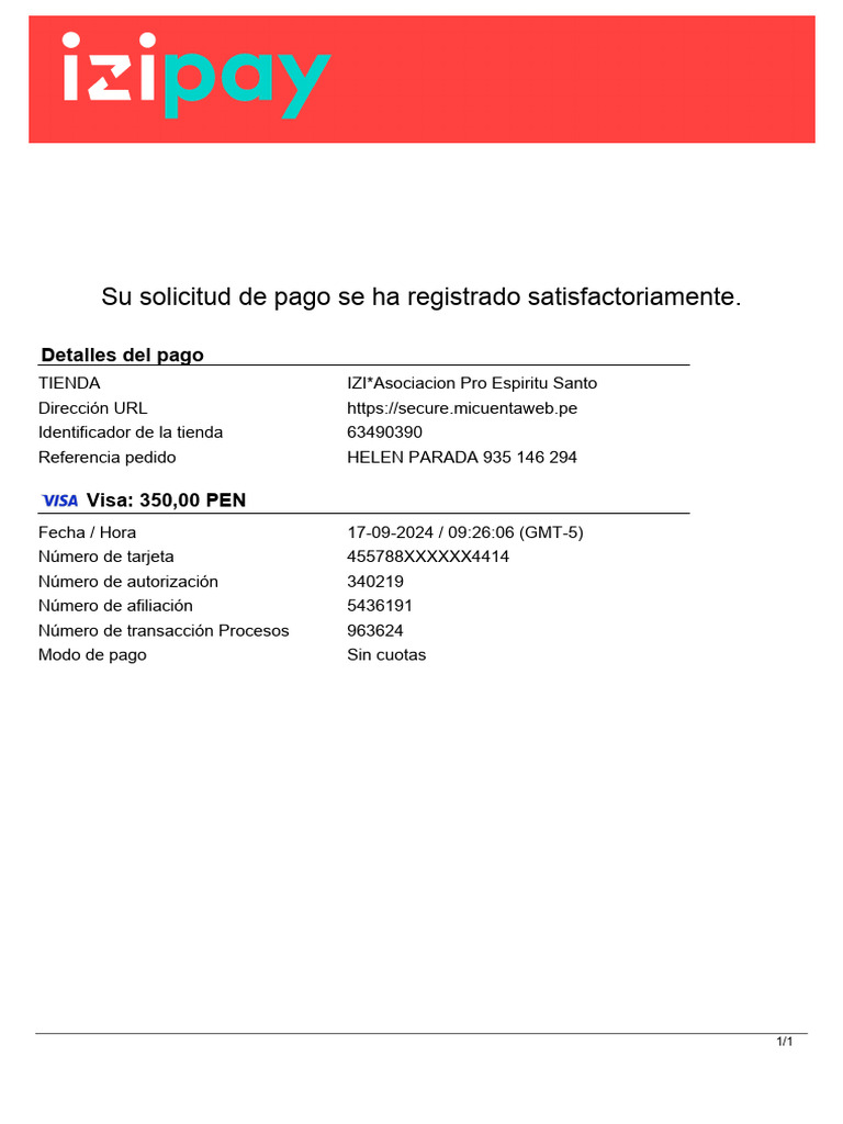 Confirmación de Pago a IZI Asociación | PDF