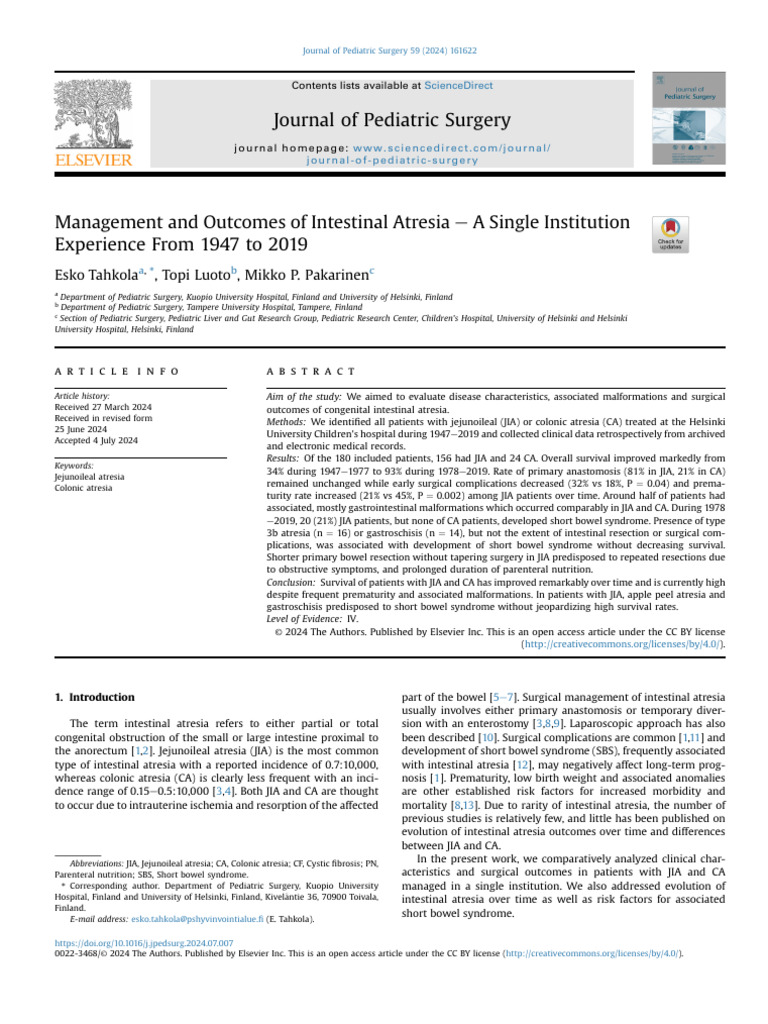 Intestinal Atresia Outcomes 1947-2019 | PDF | Gastroenterology ...
