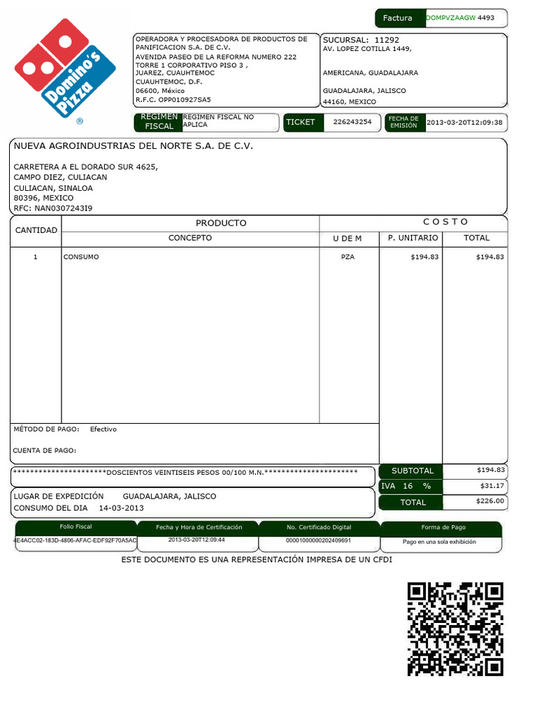Factura Dominos Pizza Viaje A GDL | PDF | Documentos empresariales