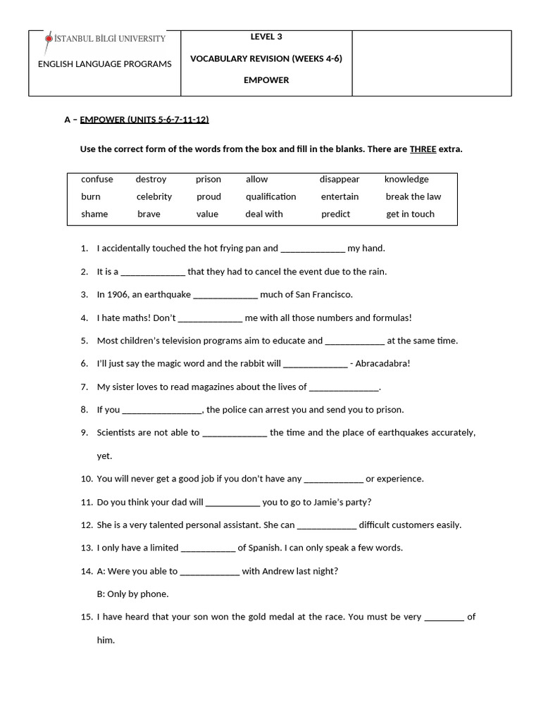 L3 Vocabulary Revision (Weeks 4-6) Edited | PDF | Cognition | Linguistics