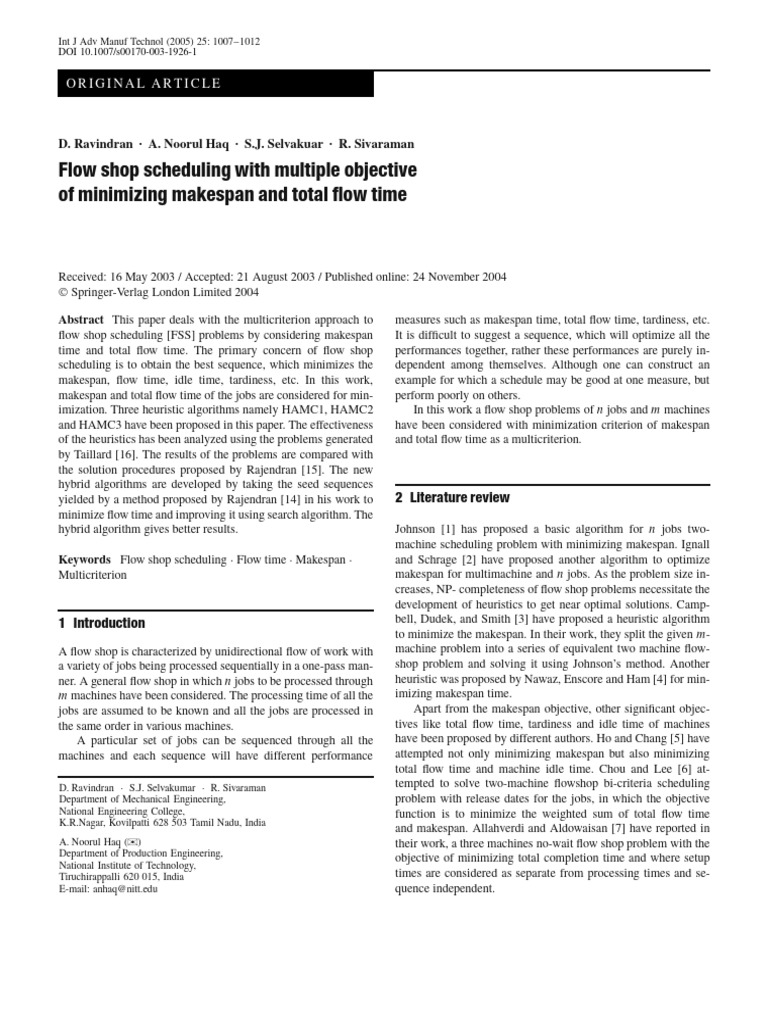 Flow Shop Scheduling With Multiple Objective of Minimizing Makespan and Total Flow Time | PDF ...