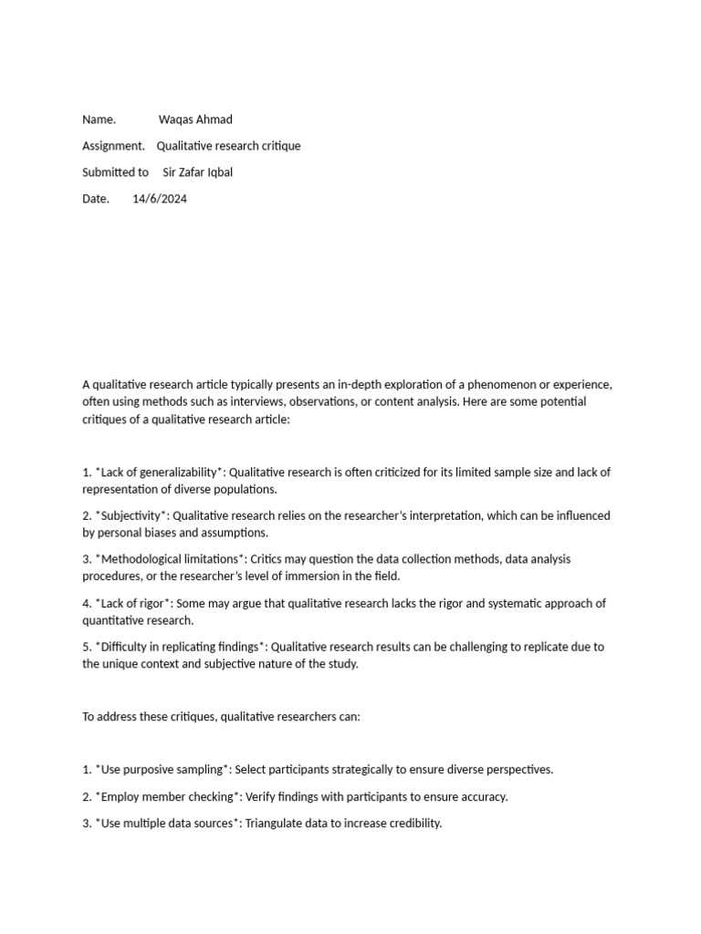 Qualitative Research Critique Guide | PDF