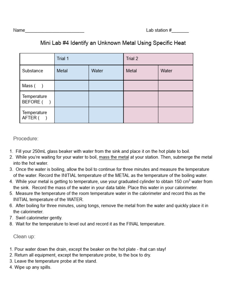 Identify An Unknown Metal Using Specific Heat | PDF | Water | Temperature