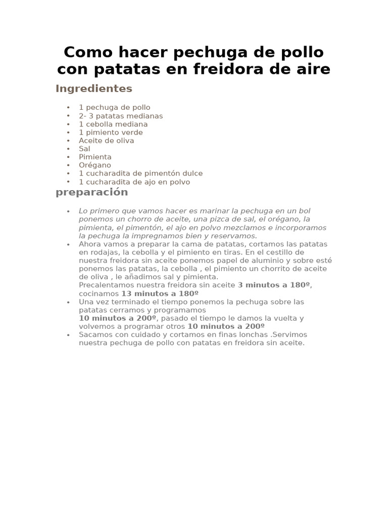 Como Hacer Pechuga de Pollo Con Patatas en Freidora de Aire | PDF