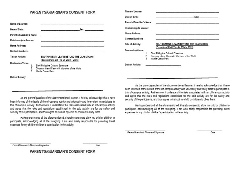 (FIELD TRIP) PARENT’S-GUARDIAN’S CONSENT FORM | PDF | Learning | Behavioural Sciences