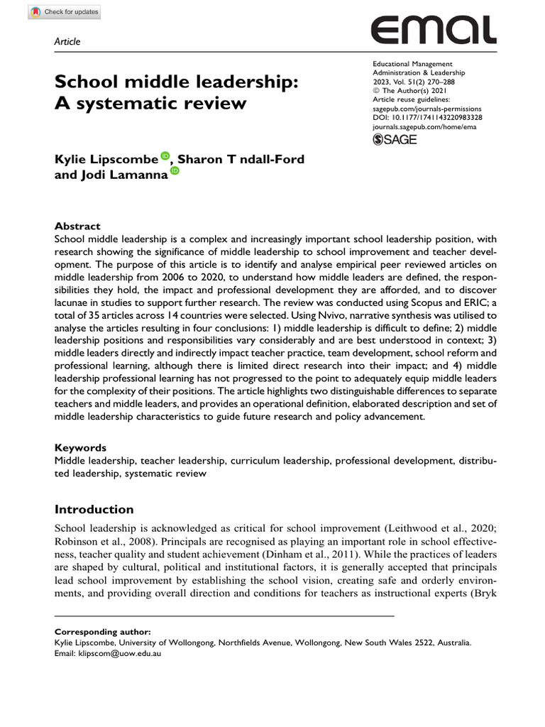 Lipscombe Et Al 2021 School Middle Leadership A Systematic Review | PDF ...