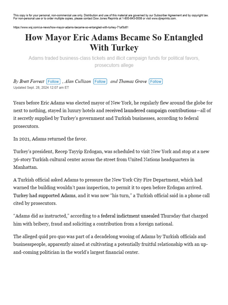 How Mayor Eric Adams Became So Entangled With Turkey - WSJ | PDF ...