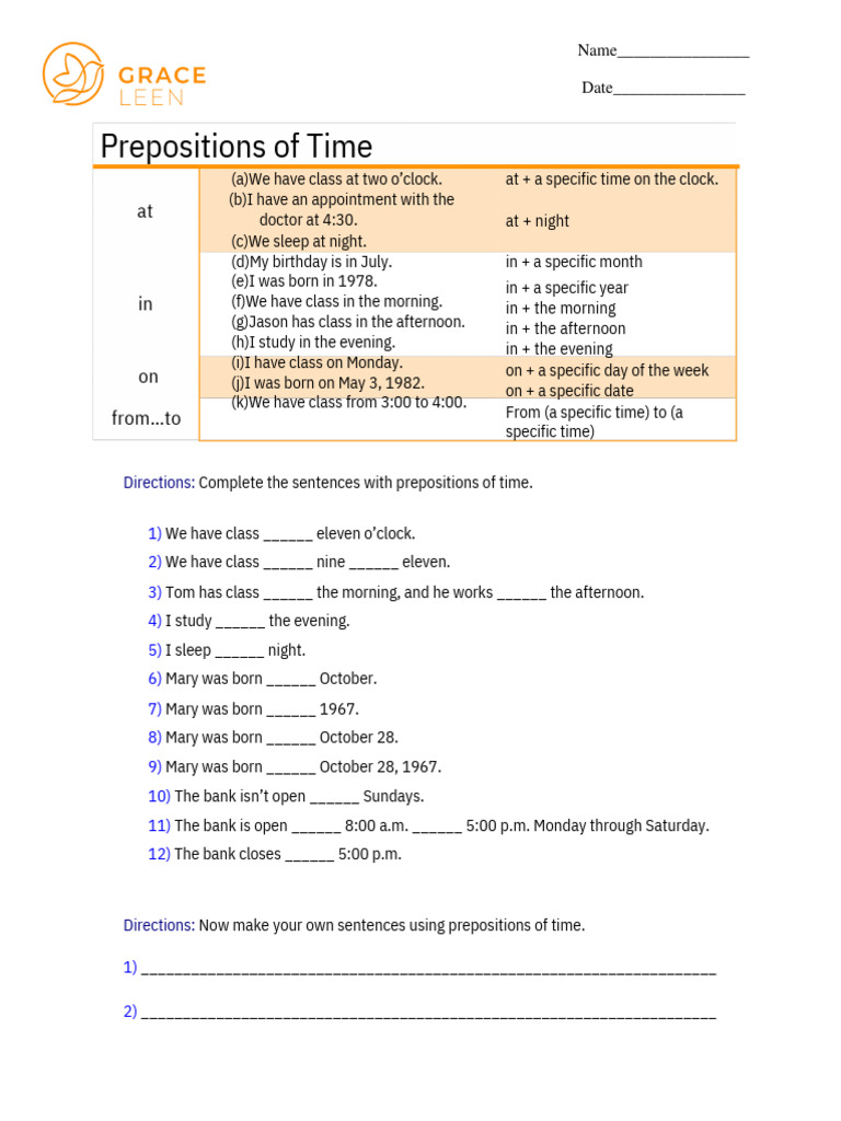 Prepositions of Time PDF | PDF