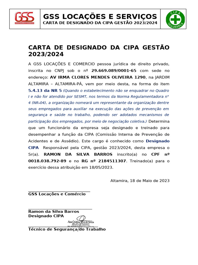 Carta de Designado Da Cipa Gestão 2023 - Ramon | PDF