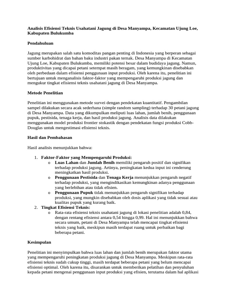 Analisis Efisiensi Teknis Usahatani Jagung Di Desa Manyampa | PDF
