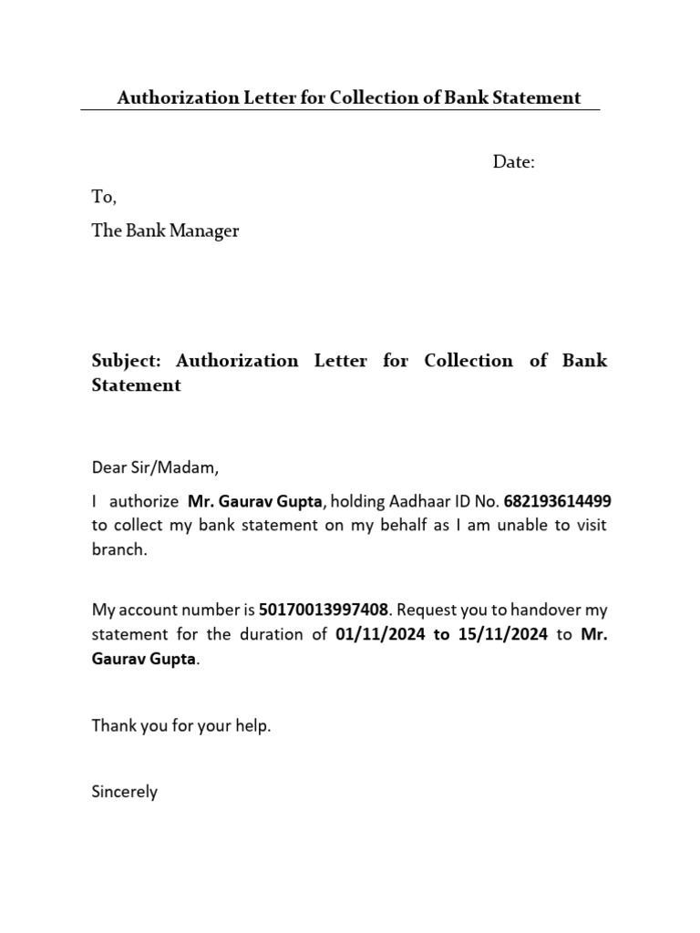 Authorization Letter For Collection of Bank Statement | PDF