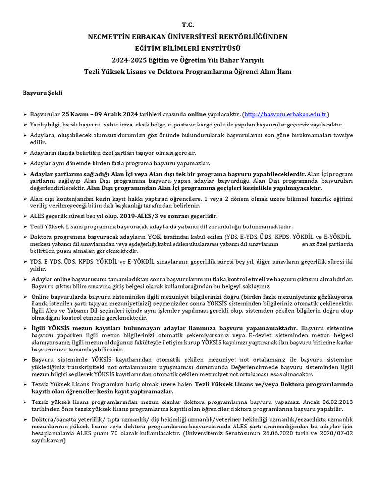 Eğt. Bil Enst. 2024-2025 Bahar Yarıyılı Tezli Y.L Ve Doktora İlanı | PDF