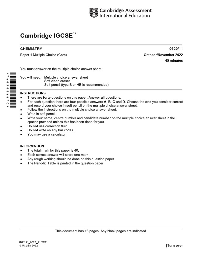 November 2022 (v1) QP - Paper 1 CAIE Chemistry IGCSE | PDF ...