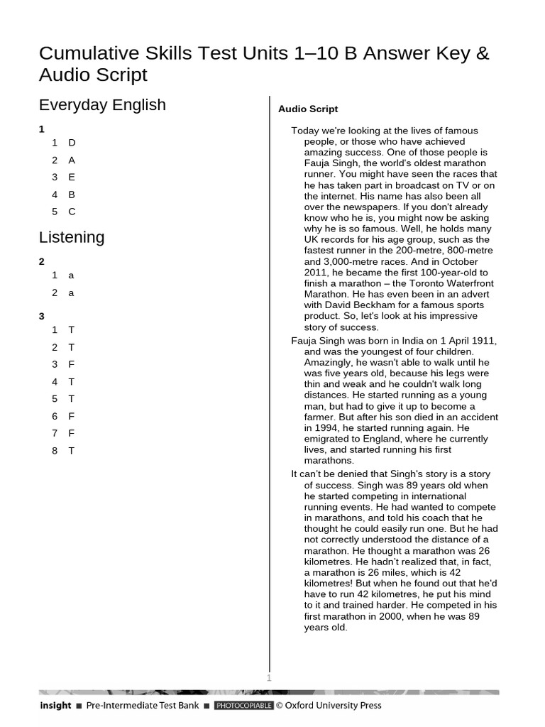 Cumulative Skills Units 1–10 B Answer Key + Audio Script | PDF | Marathon