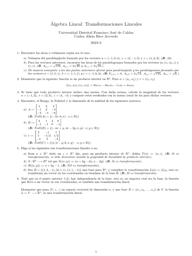 2023-3taller de Algebra Lineal Transformaciones Lineales | PDF | Base (álgebra lineal ...
