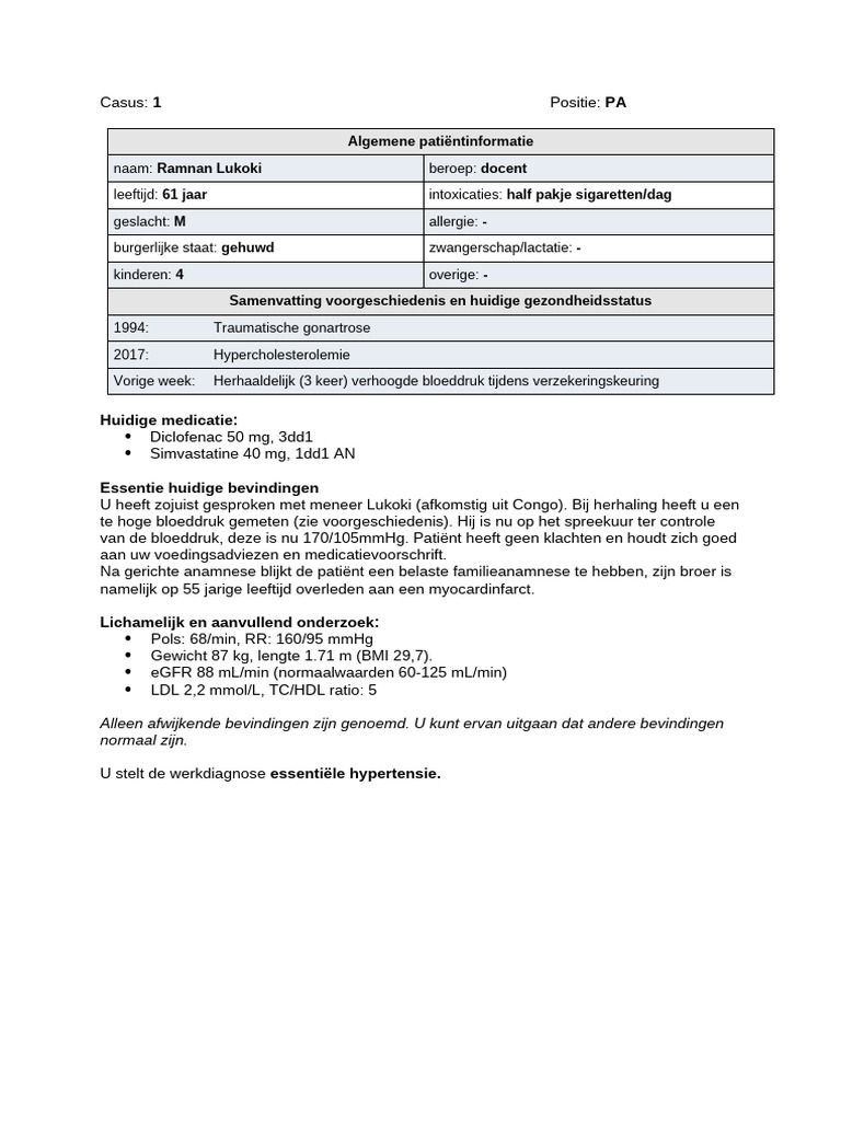 FT 1.5 Hypertensie - Casus 1.2.3 (Casus 1 in Pscribe Voorbereid) | PDF