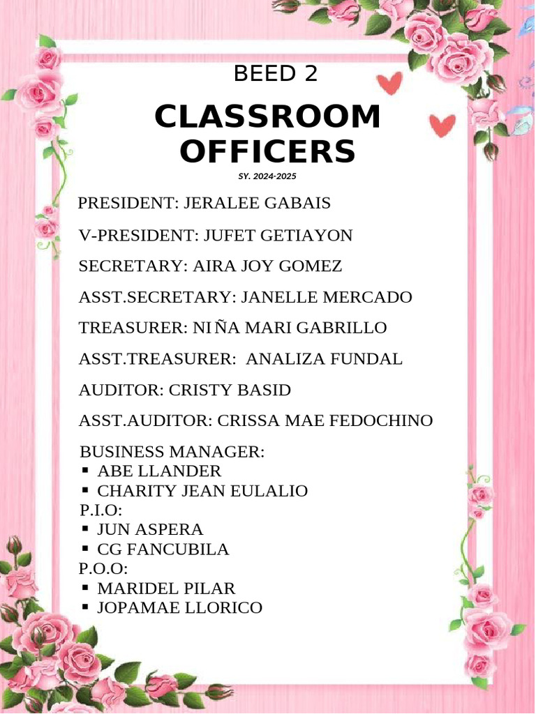 BEED 2 Classroom Officers 2024-2025 | PDF