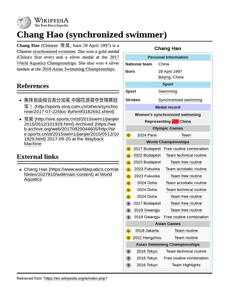 Chang Hao: Chinese Synchronized Swimmer | PDF | Summer Sports | Summer Olympic Sports