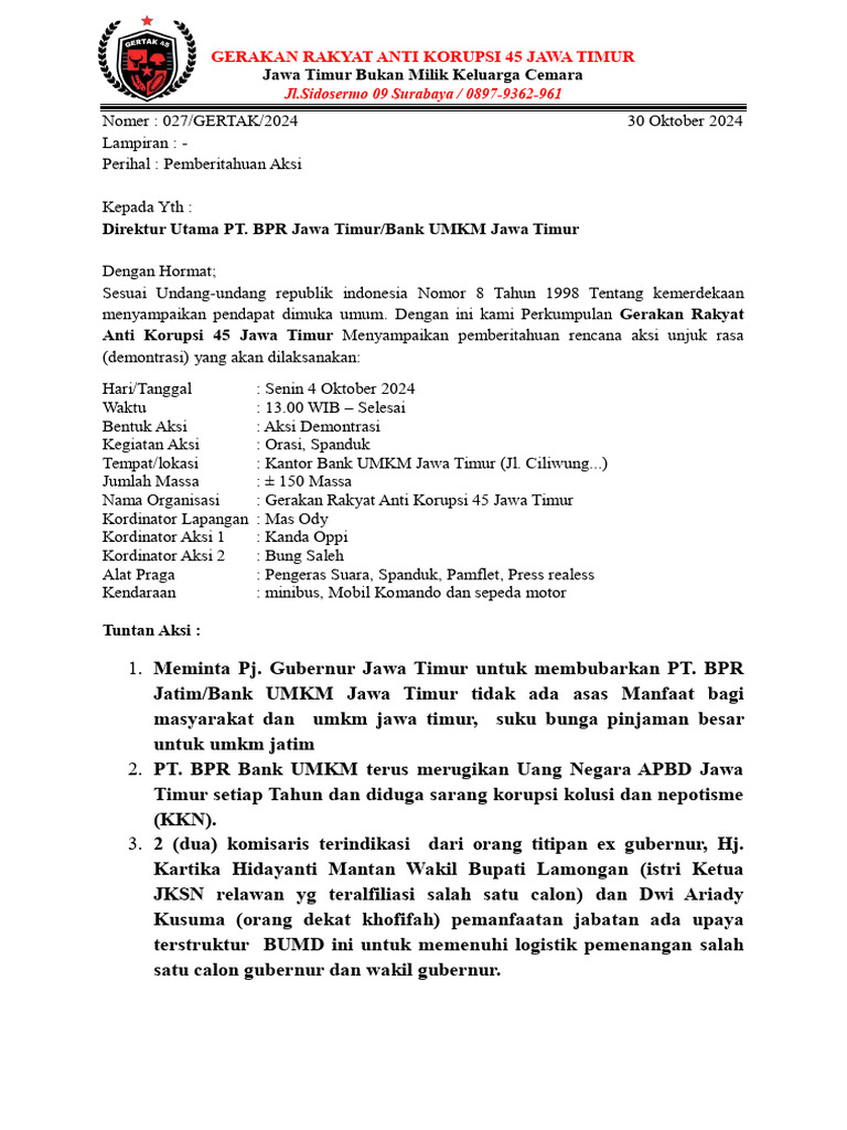 Surat PT BPR Umkm Jatim | PDF