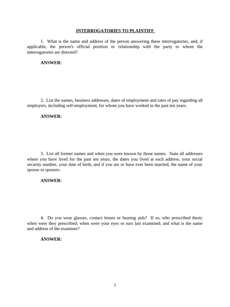 Defendant's Interrogatories to the Plaintiff (1) | PDF | Witness | Lawsuit