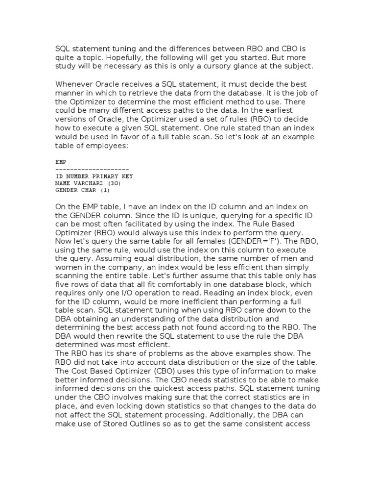 Diff BW CBO and RBO | PDF | Database Index | Sql