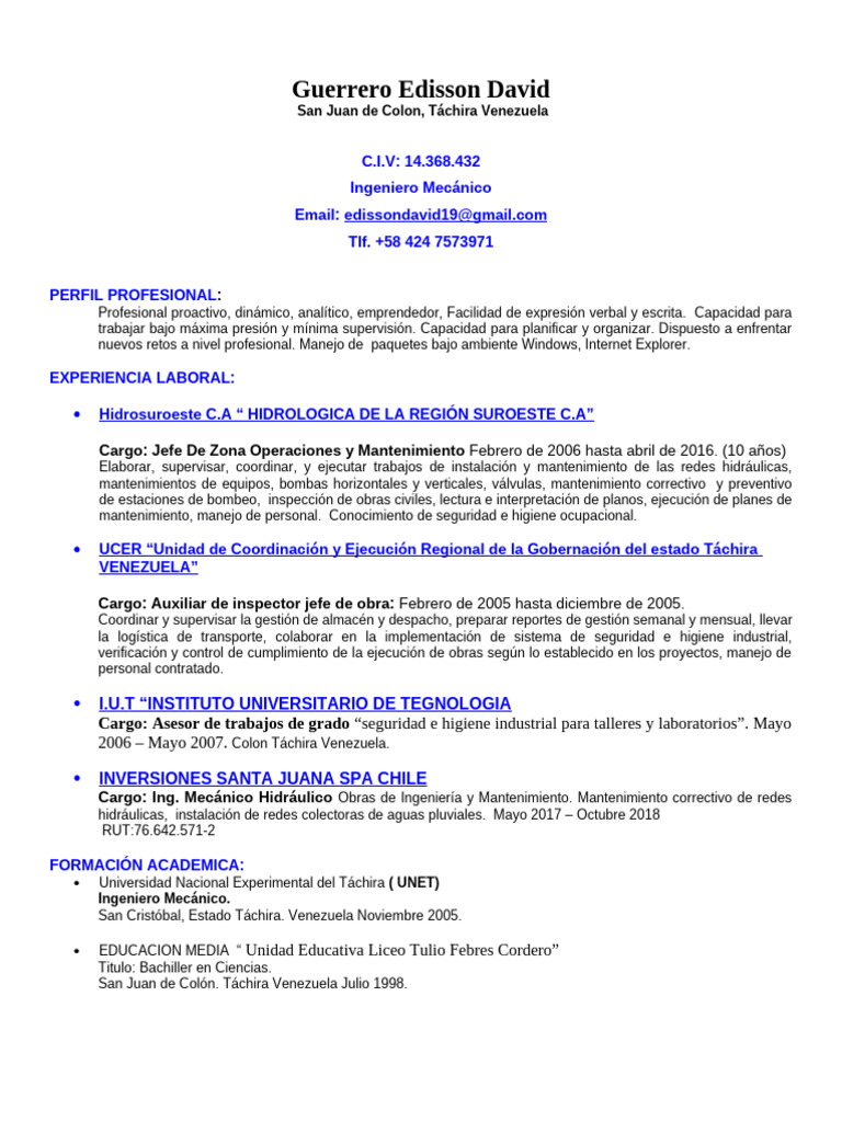 Currículum Ing. Edisson G..20 | PDF | Higiene Ocupacional | Venezuela