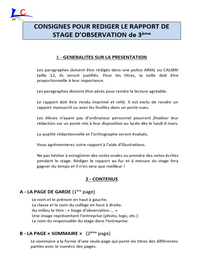 consignes rapport de stage 2024 | PDF | Business | Informatique