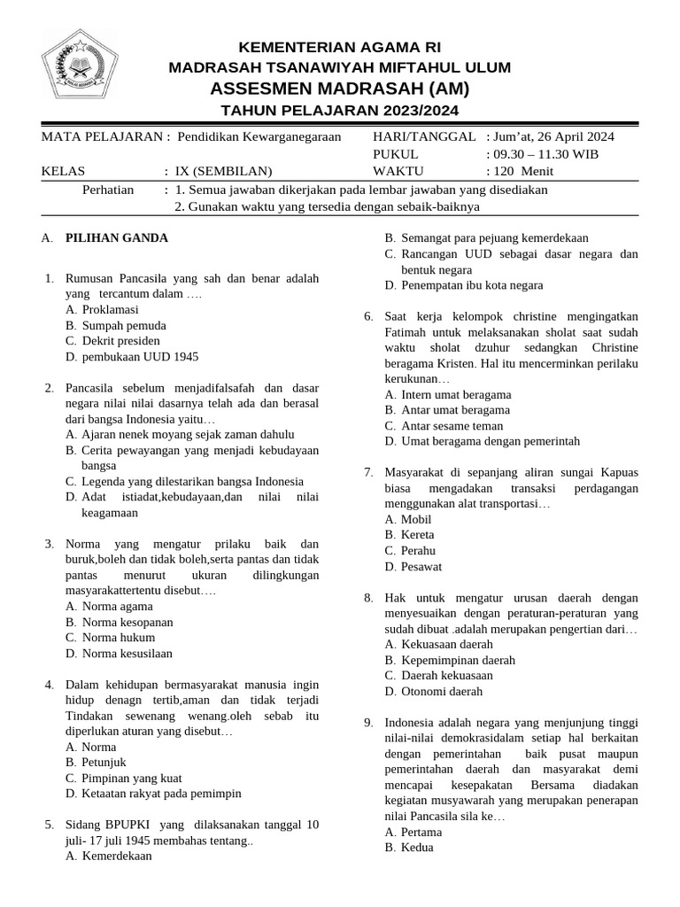 3 SOAL AM PKN 2024 | PDF