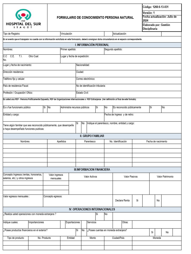 SARLAFT- Persona Natural- E.S.E Hospital Del Sur | PDF