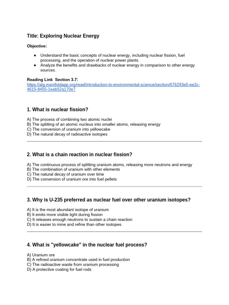 Worksheet_ Exploring Nuclear Energy | PDF | Nuclear Power | Uranium