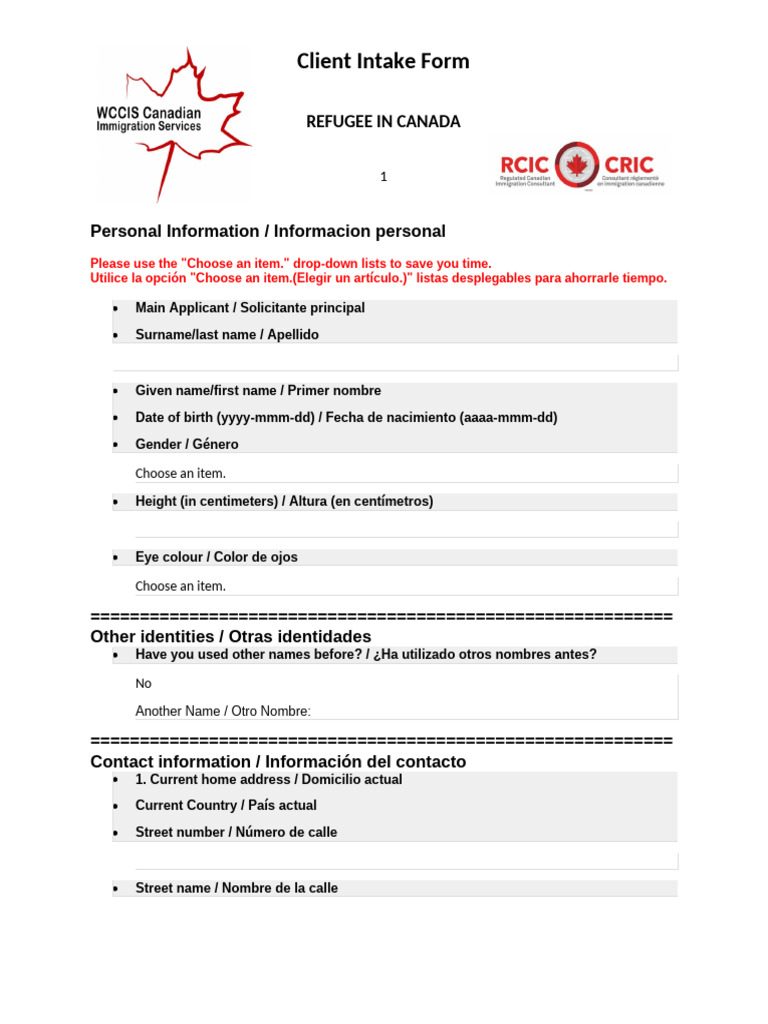 Client Intake Form - Refugee in Canada (3) | PDF | Gobierno y personalidad
