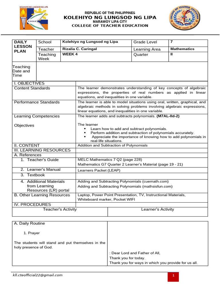 Grade 7 Math Lesson Plan: Polynomials | PDF | Polynomial | Equations