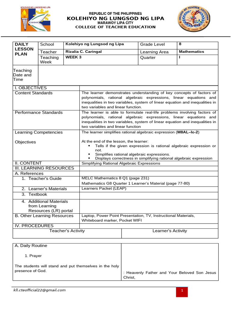 R.CARINGAL - DLP4 - Simplifying Rational Algebraic Expressions - G8 | PDF | Equations | Mathematics