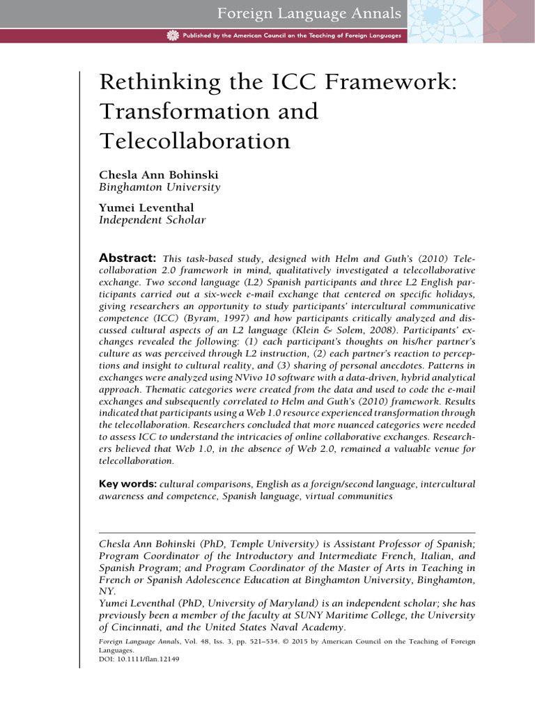 Foreign Language Annals - 2015 - Bohinski - Rethinking the ICC Framework Transformation and ...