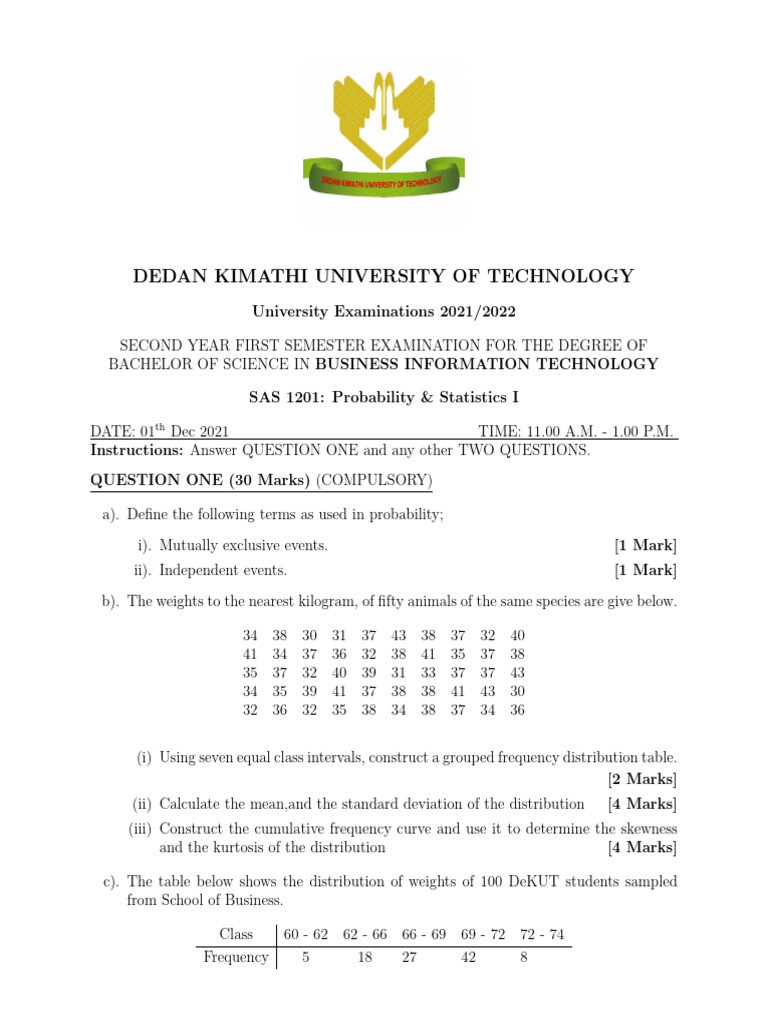 SAS 1201 Probability and Statistics IBBIT DEC2021 | PDF | Statistics | Variance