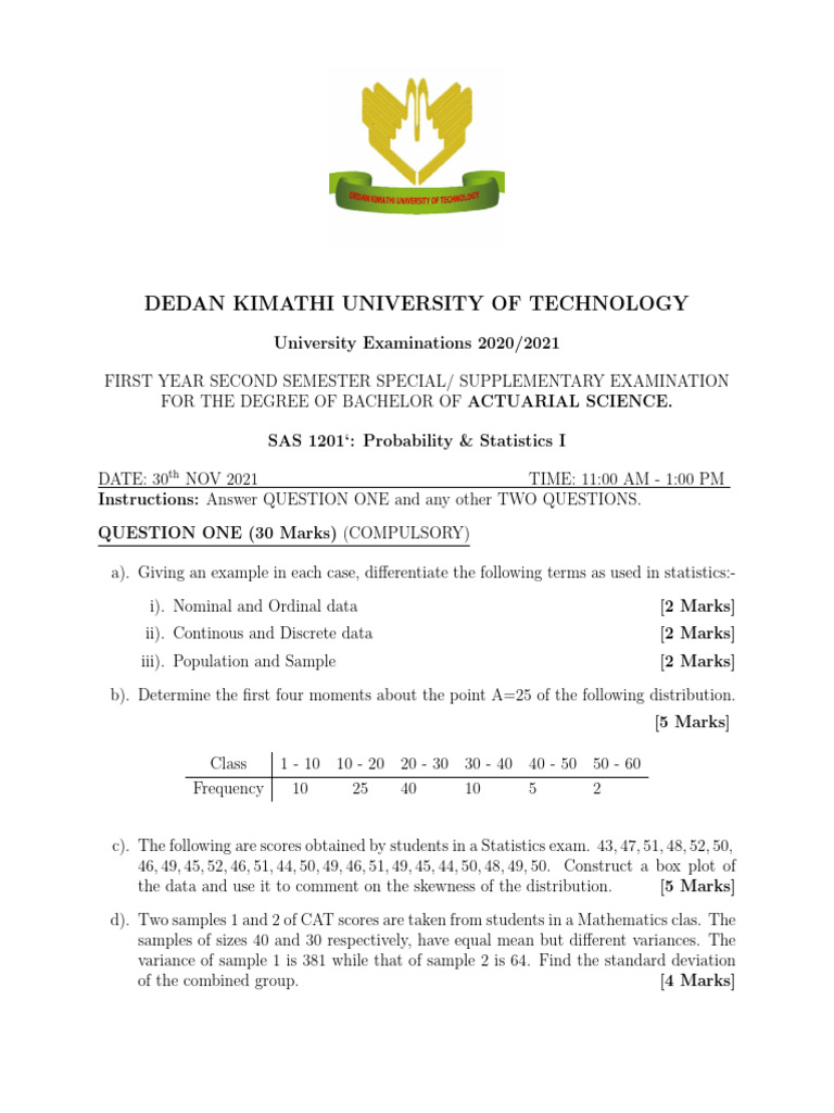 SAS 1201 Probability & Statistics I | PDF | Statistics | Descriptive Statistics