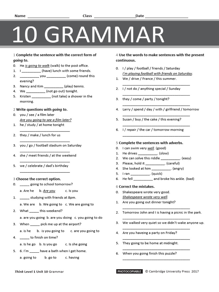 THINK L1 Unit 10 Going To Adverbs | PDF