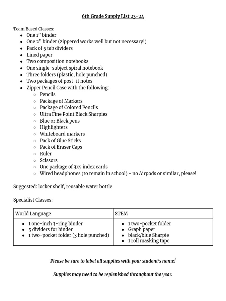 6th Grade Supply List 2023-24 | PDF