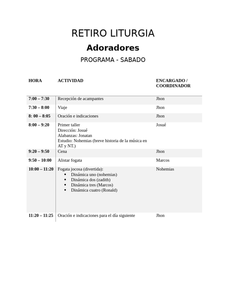 Retiro Liturgia: Programa de Actividades | PDF