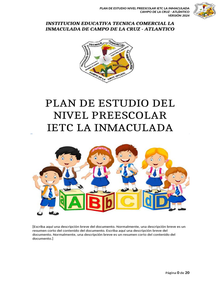 Plan Estudio Preescolar 2024 IETC | PDF | Educación de la primera ...