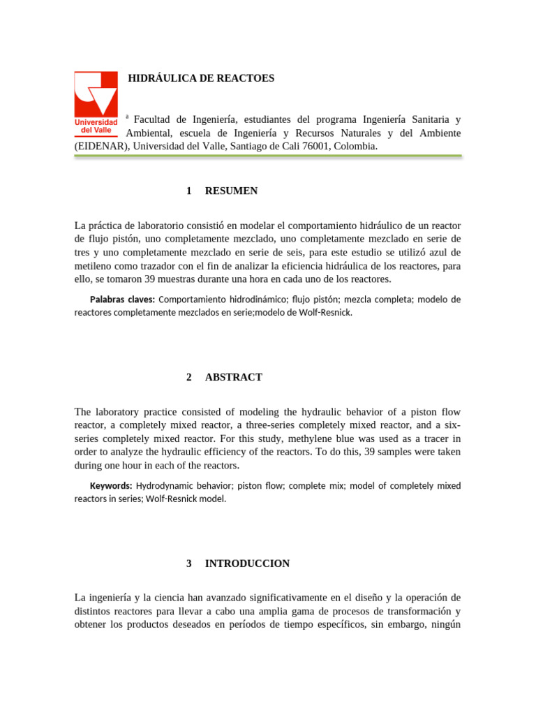 Informe 4 Hidráulica de Reactores | PDF | Reactor Quimico