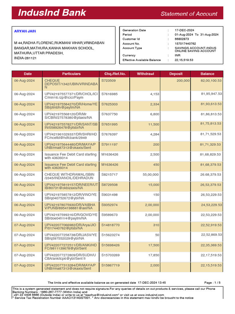 Indusind Bank: Statement of Account | PDF | Service Industries ...