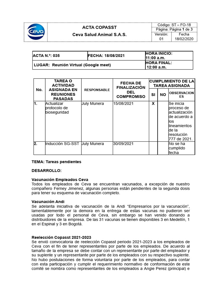 Acta Reunión COPASST Ceva 2021 | PDF | Seguridad y salud ocupacional