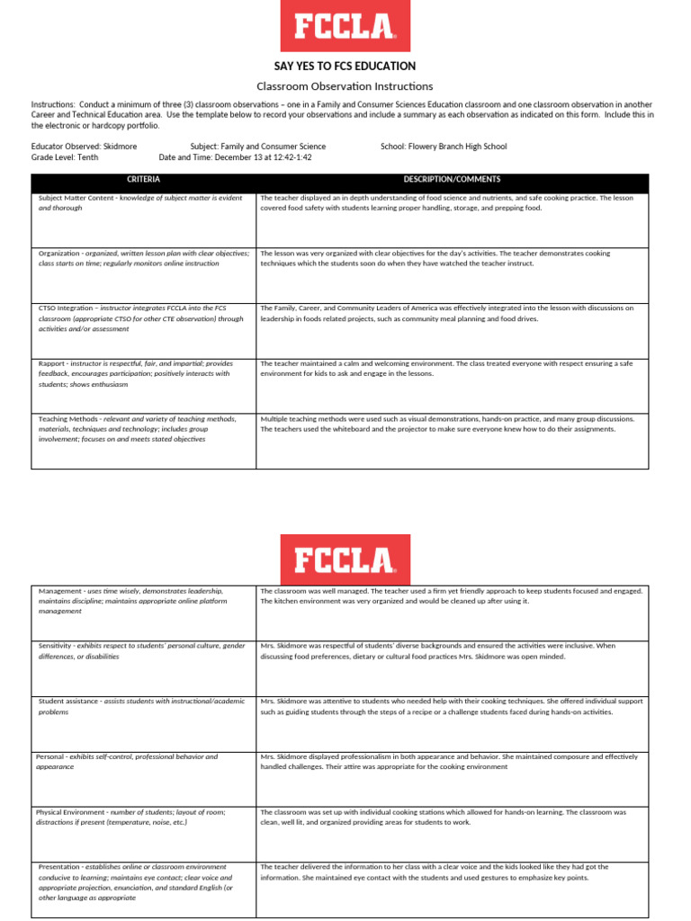 Classroom Observation of FCS Education | PDF | Teachers | Teaching Method