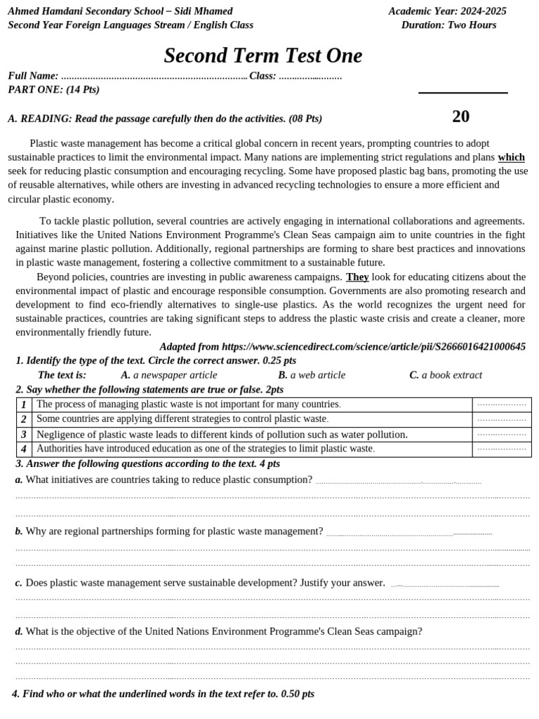 Second Term Test 1 - Second Year F.L - 2023 - 2024 | PDF ...